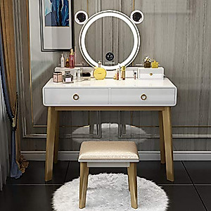 KOTEK Vanity Desk with Touch-Screen Mirror, 3 Lighting Modes, Bluetooth Speakers, Dressing Table with 4 Drawers & Cushioned Stool, Makeup Vanity Table Set for Bedroom Small Space, White