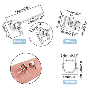 PH PandaHall 300pcs Ball Post Earring Studs, 304 Stainless Steel Ball Stud Earring Findings with Butterfly Earring Backs and Open Jump Rings for DIY Jewelry Earring Making