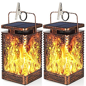 TOFU Solar Lights 6.6 Inch Outdoor Hanging Solar Lantern Set of 2, Flickering Flame LED Vintage Lantern Large Umbrella Lights for Garden Patio Porch Balcony Yard Cabin Decor, Bronze