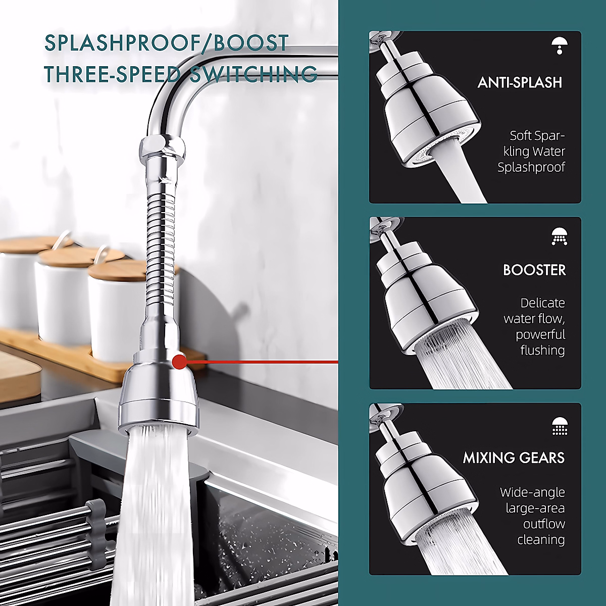 MANMOON Swivel Faucet Aerator with 3 Spray Modes & 360° Rotation, Water-Saving Sink Sprayer Attachment for Kitchen/Bathroom, Chrome-Plated Nozzle (Easy Install, Anti-Splash,Three-stage,Medium)