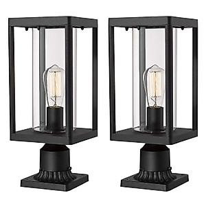 Beionxii Outdoor Post Lantern, 20inch Large Modern Lamp Post Light Fixture Exterior Pillar Lights with Pier Mount Base, Black Cast Aluminum w/Clear Cylinder Glass - A291P-2PK