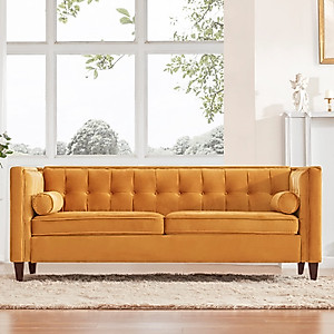Dreamsir 58'' W Velvet Sofa, Mid-Century Modern Love Seats Sofa Furniture with Two Bolster Pillows, Button Tufted Couch for Living Room, Easy Assembly (Loveseat, Ginger)