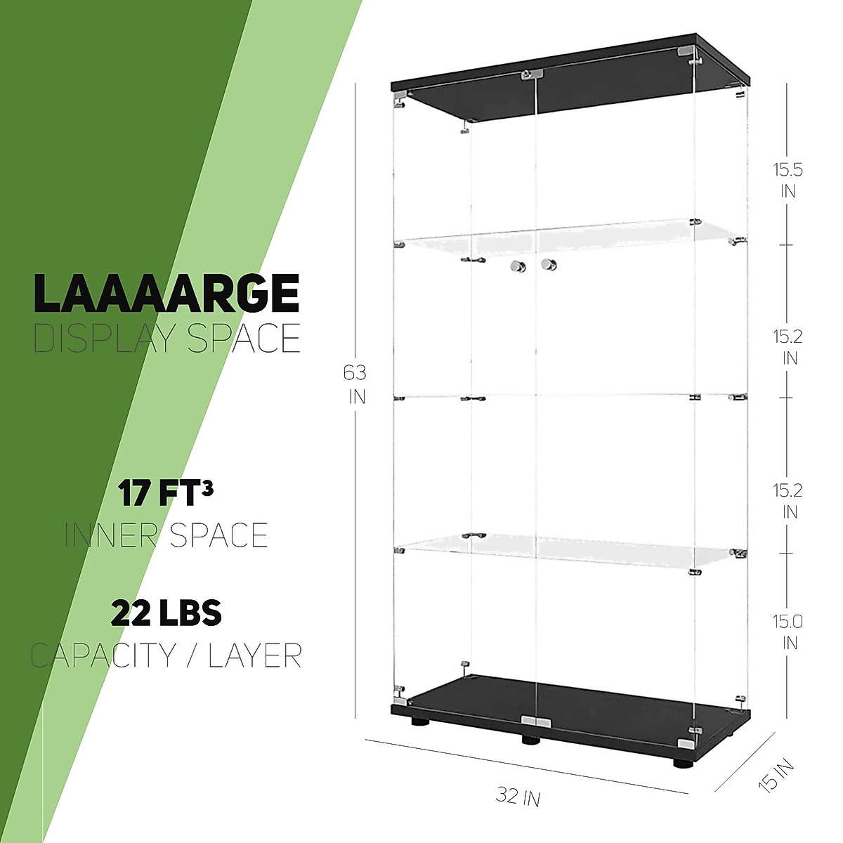 Beauty4U Glass Display Cabinet with 4 Shelves, 2 Doors Curio Cabinets for Living Room, Bedroom, Office, Black Floor Standing Glass Bookshelf, Quick Installation