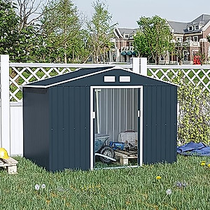 Outsunny 9' x 6' Outdoor Storage Shed, Garden Tool House with Foundation, 4 Vents and 2 Easy Sliding Doors for Backyard, Patio, Garage, Lawn, Dark Gray
