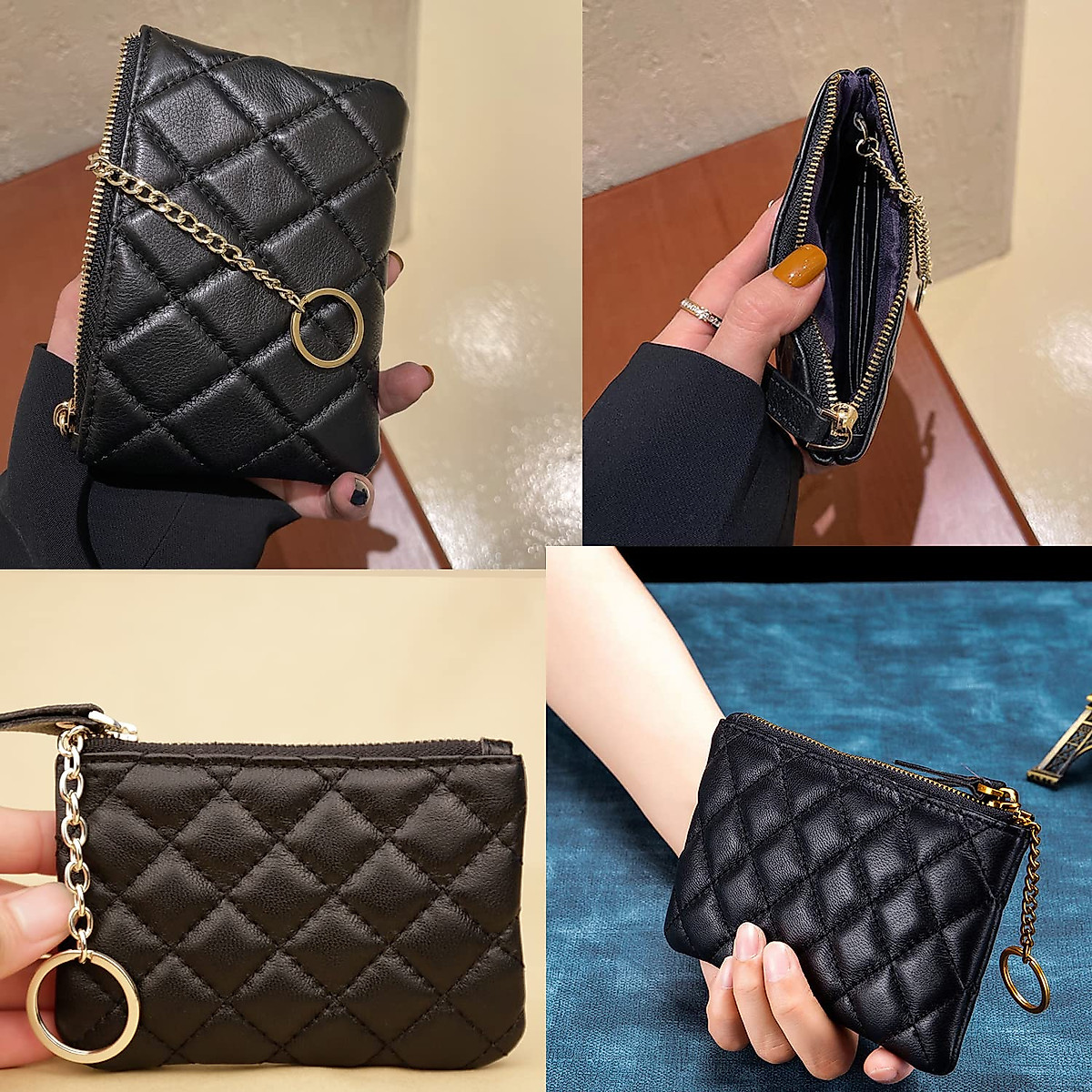 DORIS&JACKY Soft Lambskin Leather Coin Purse Small Quilted RFID Blocking Top Zipper Wallet With Keychain (Black)