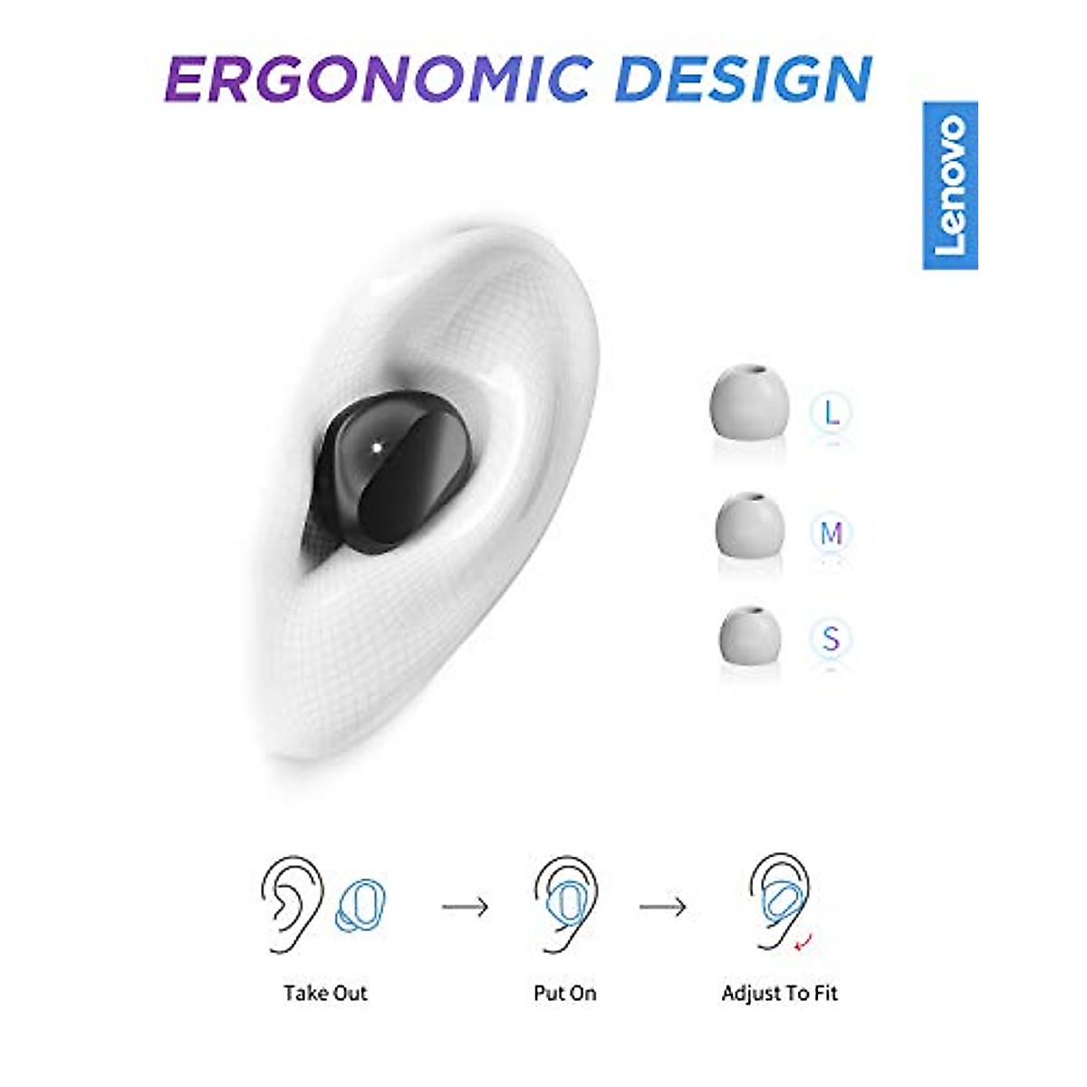 Lenovo True Wireless Earbuds Bluetooth 5.0 IPX5 Waterproof with USB-C Quick Charge and Built-in Microphone for Work/Travel/Gym (Black)