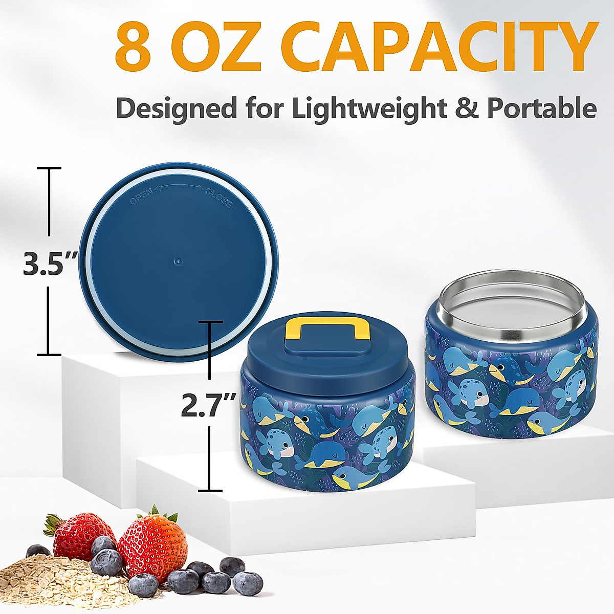 PIQUEBAR 8oz Kids Thermo for Hot Food,Small Lunch Thermos Food Container Stainless Steel,Easy Open Wide Mouth Thermo for Hot Cold Food for Preschool Travel (Blue Whale)