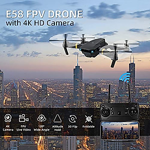 E58 Drones Camera for Adults/Kids/Beginners, Foldable 4K Drone with 1080P HD Camera RC Quadcopter, WiFi FPV Live Video, Altitude Hold, One Key Take Off/Landing, 3D Flip. Gifts for Girls/Boys