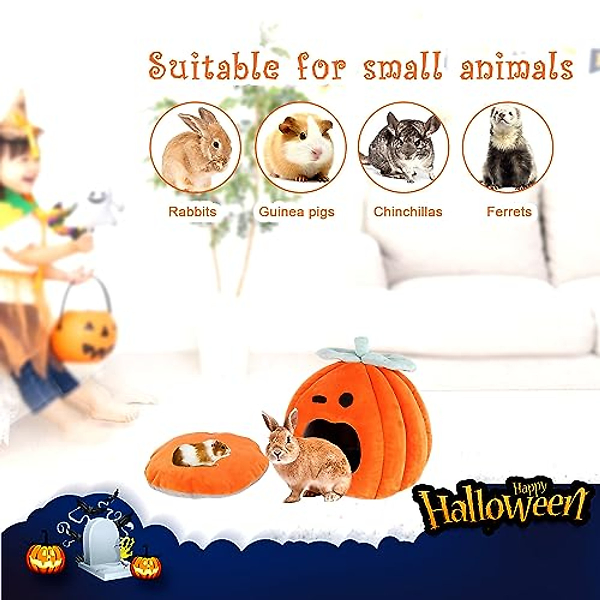 YUEPET Halloween Rabbit Bed Warm Bunny Hideout House, Cozy Washable Small Animal Hideout for Guinea Pig Rabbit Bunny Ferret Chinchilla 11.8"×11.8"