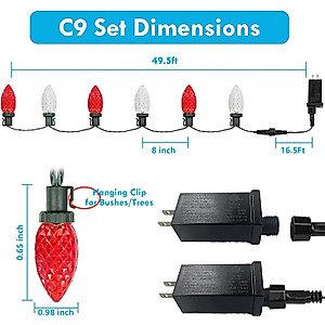 KAQ C9 Christmas Lights 2PK 100 LED 98ft Extendable Waterproof Christmas Lights Green Wire String Lights, Outdoor Christmas Lights for Patio Wedding Party Christmas Decorations (Red & Cool White)