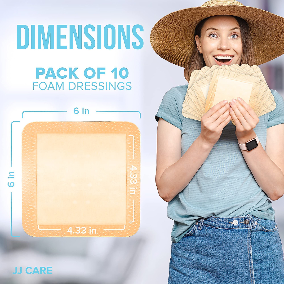 JJ CARE Silicone Foam Dressing 6x6 [Pack of 10], Silicone Bandages for Wounds, Waterproof Wound Dressing with Silicone Adhesive Border, Absorbent Bed Sore Bandages for Wound Care