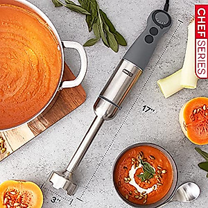 Dash Chef Series Deluxe Immersion Hand Blender, 5 Speed Stick Blender with Stainless Steel Blades, Dough Hooks, Food Processor, Grate, Mash, Slice, Whisk Attachments and Recipe Guide – Cool Grey