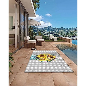 Fall Floral Thanksgiving Outdoor Rug for Patio, Large Floor Mat Sunflower Vase Grey Buffalo Plaid Non Slip Area Rug Rubber Backing Quick Dry Clearance Carpet for Camping, Garden, Deck, Porch, 5' x 8'