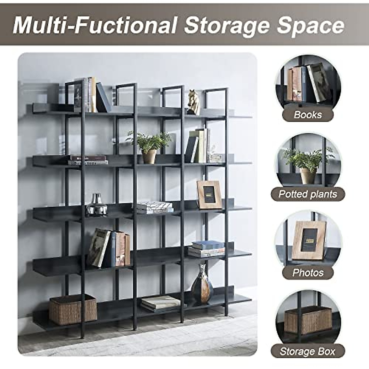 CALABASH Bookcases and Bookshelves Triple Wide 5 Tiers Industrial Bookshelf, Large Tall Bookcase Open Display Shelves with Metal Frame for Living Room Bedroom Library Home Office(Black)