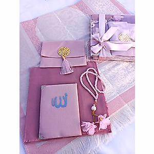 Muslim Prayer Rug | 5 in One Prayer Mat, Short Surahs Book, Tasbeeh, Scarf , Quran Case Set | Pearl Prayer Beads | Islamic Gift For Her | Islamic Gifts for Occasions | Prayer Mat| Birthday Gift|(Pink)