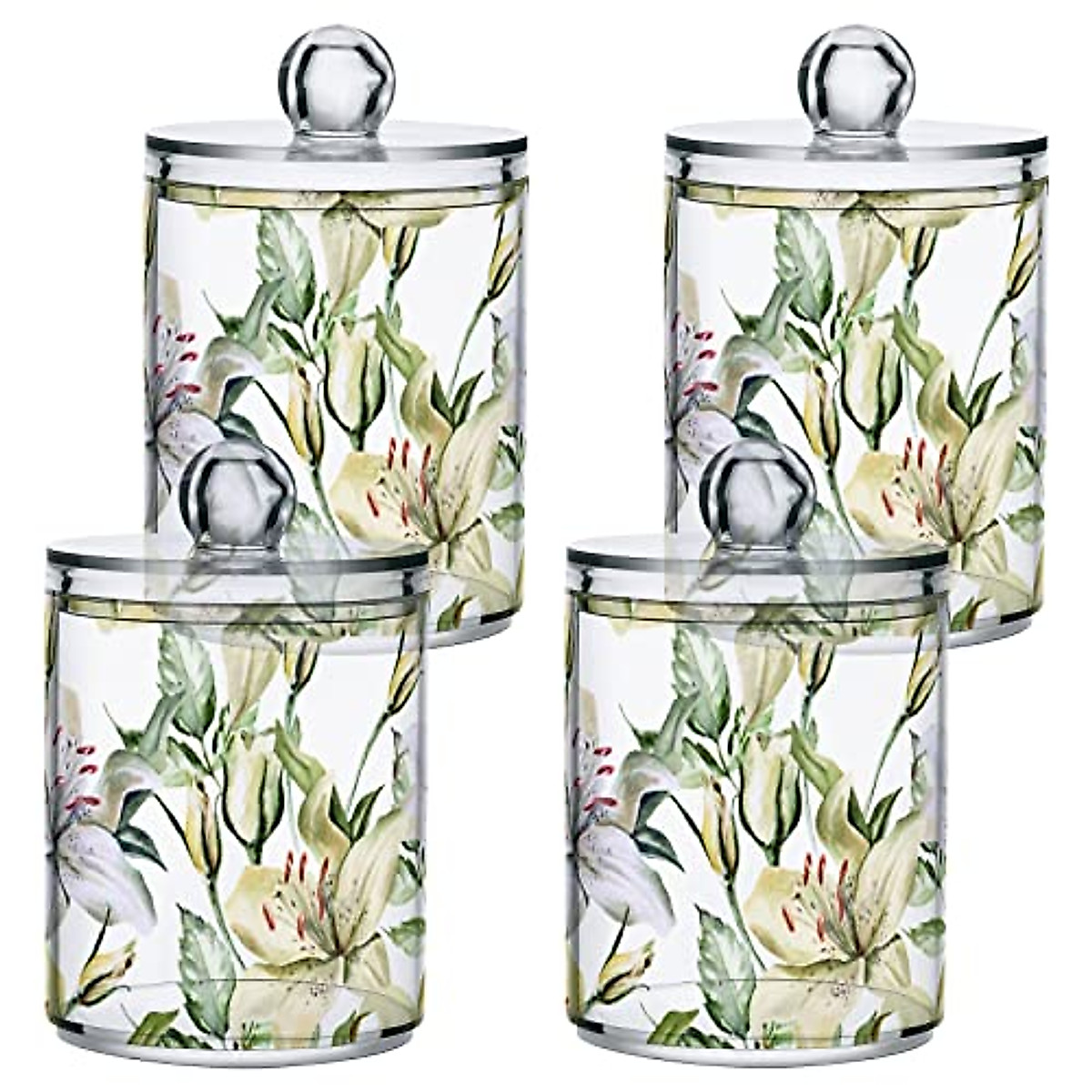 Kigai 2 Pack Apothecary Jars Fresh Lily Flowers Qtip Holder Organizer Clear Airtight Container for Cotton Swabs Food Storage 14oz Plastic Jars with Lids