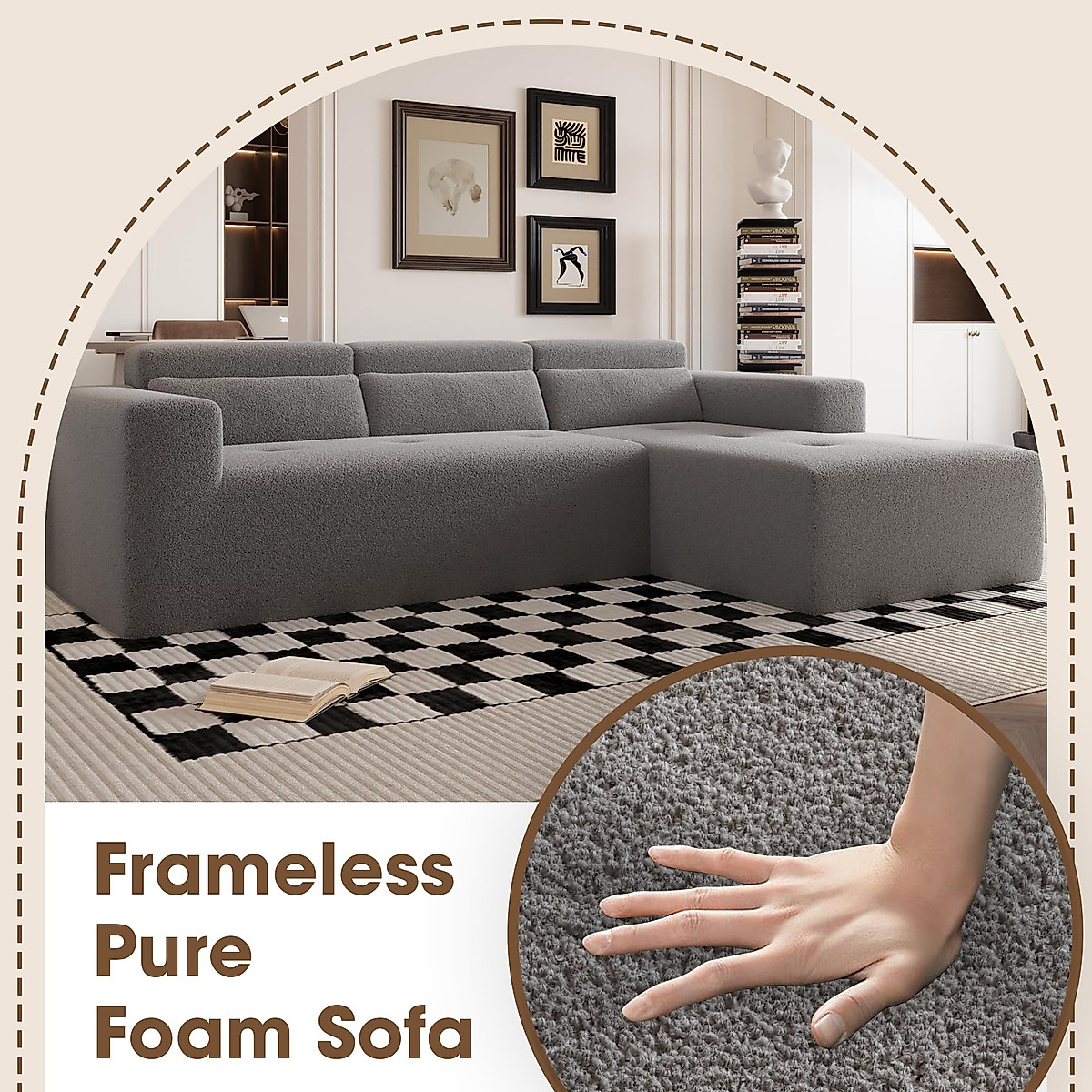 Kvutx 109 inches Modern Modular Sectional Sofa, Teddy Fabric L Shaped Couch, 3 Seater Couch, Modern Upholstered Couch with Chaise & Pillows for Living Room Apartment Grey