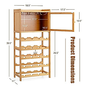 COSTWAY Freestanding Wine Rack, 20-Bottle Wine Display Shelf w/ 100% Bamboo Material, Glass Holder, Transparent Cabinet Door, Vertical Wine Bar Cabinet Organizer for Kitchen, Pantry, Home Bar