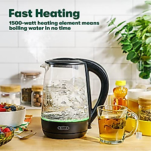 BELLA 1.7 Liter Glass Electric Kettle, Quickly Boil 7 Cups of Water in 6-7 Minutes, Soft Green LED Lights Illuminate While Boiling, Cordless Portable Water Heater, Carefree Auto Shut-Off, Black