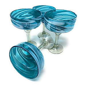 Dos Sueños Mexican Hand Blown Glass – Set of 4 Hand Blown Margarita Glasses Aqua Swirl (16 oz)