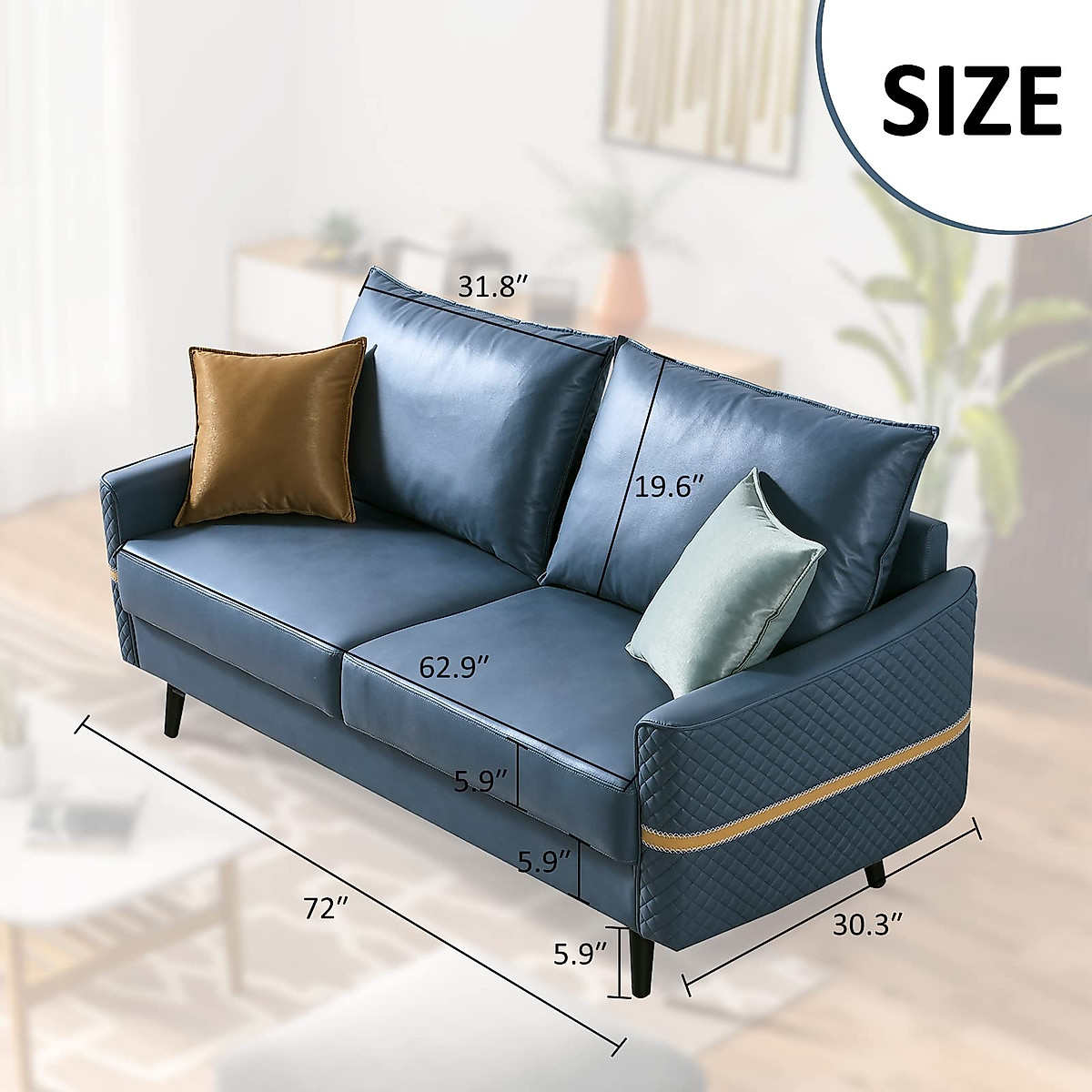 72 inch Small Sofa, Mid-Century 3-Seat Loveseats for Living Room, l Couch Witch 2 Pillows, Faux Leather Dorm Sofa for Apartment, Studio and Small Space, Blue