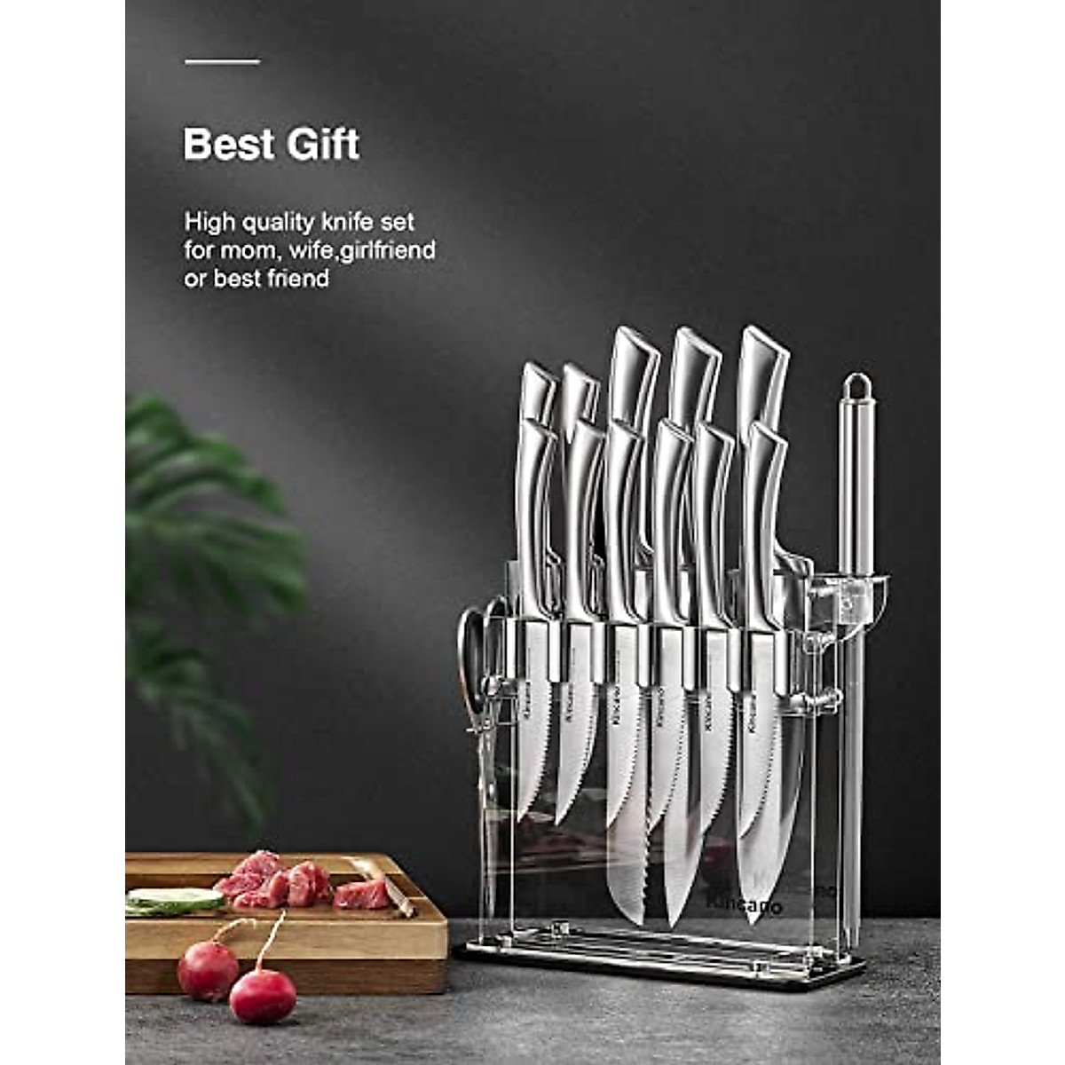 Knife Set, 14 PCS High Carbon Stainless Steel Kitchen Knife Set for Chef, Super Sharp Knife Set with Acrylic Stand, include Steak Knives, Sharpener and Scissors, Ergonomical Design by kincano