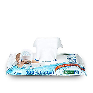 Water Cotton Baby Wipes 100% Cotton Biodegradable Travel 3-Pack Of 20 Wipes Baby Safe Sweet Almond Oil, Panthenol White