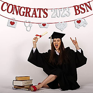 Glitter Congrats 2023 BSN Banner - Nurse Graduation Party Decoration Supplies - Nursing School Graduate Party Bunting Sign/Photo Props, Silver and Red