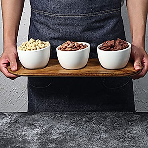 Wareland Chip and Dip Serving Set with Acacia Wooden Tray, 12oz White Glazed Ceramic Dipping Bowls, Serving Dishes for Entertaining, Small Serving Bowls for Side Dishes, Salsa, Appetizers, Condiments