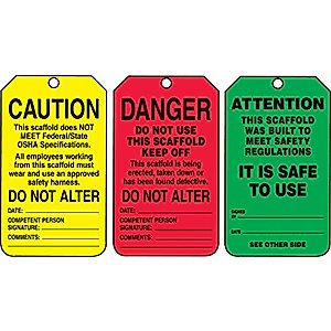 Accuform "Danger/Caution/Attention", Pack of 25 PF-Cardstock Scaffold Status Tag, Legend, 5.75" x 3.25", Black on Green/Yellow/Red, TSS200CTP