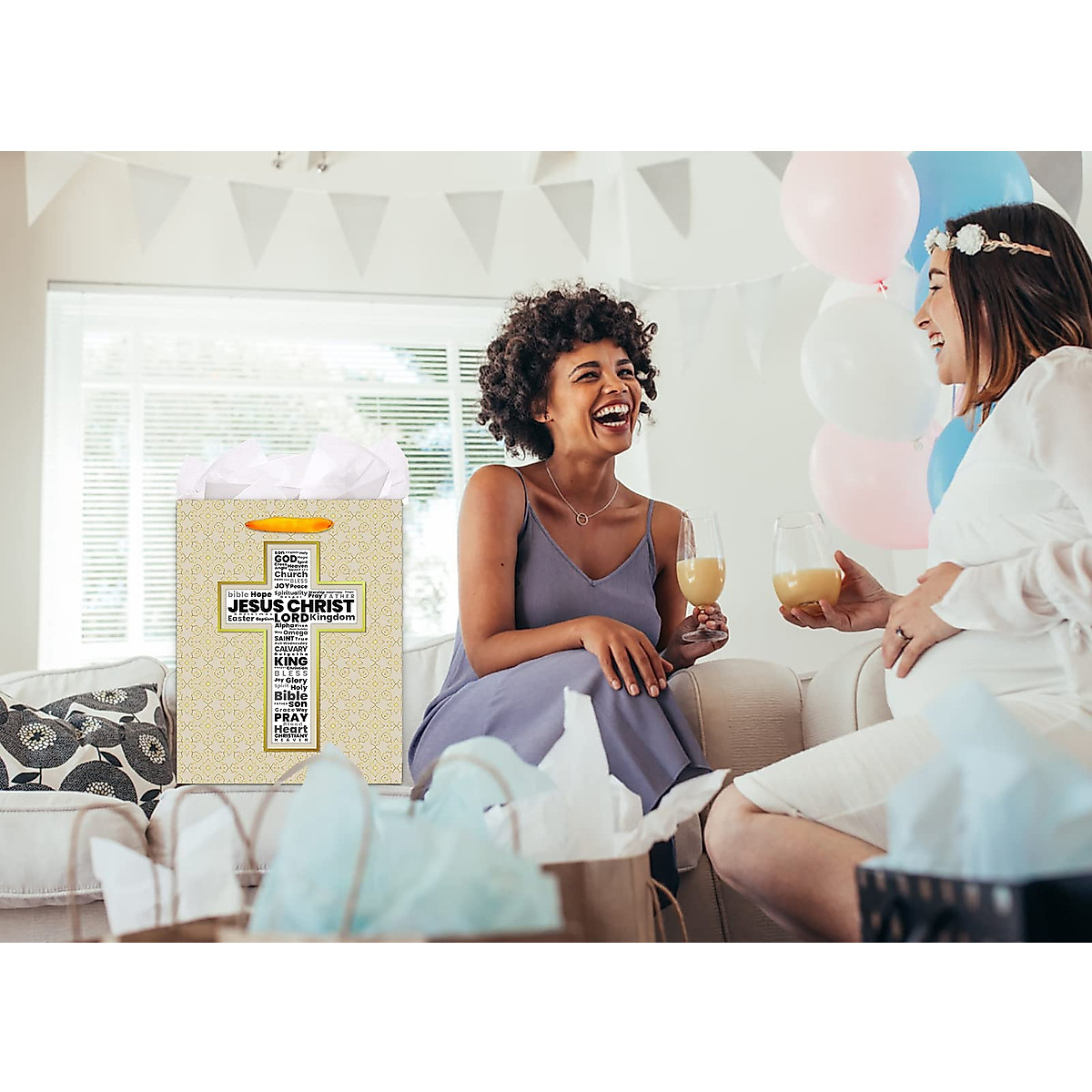 SICOHOME Large Gift Bag with Tissue Paper,Cross Paper Gift Bags with Handle for Baptism Christenings Confirmations First Communions Religious Wedding,Christmas Baptism Gifts Bag for Kids Boys Girl