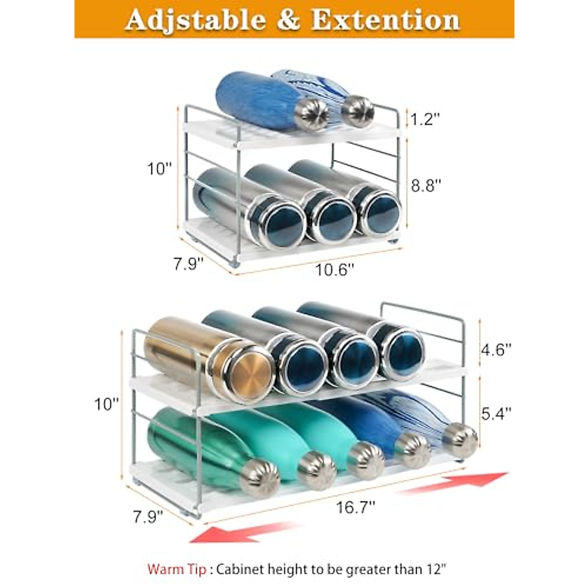 Water Bottle Organizer For Cabinet, Expandable Water Bottle Holder Rack, Adjustable Tumbler Storage For Kitchen Organization, 2 Tier Cup Organizer For Sports Flask Insulated Travel Mug Fridge, White
