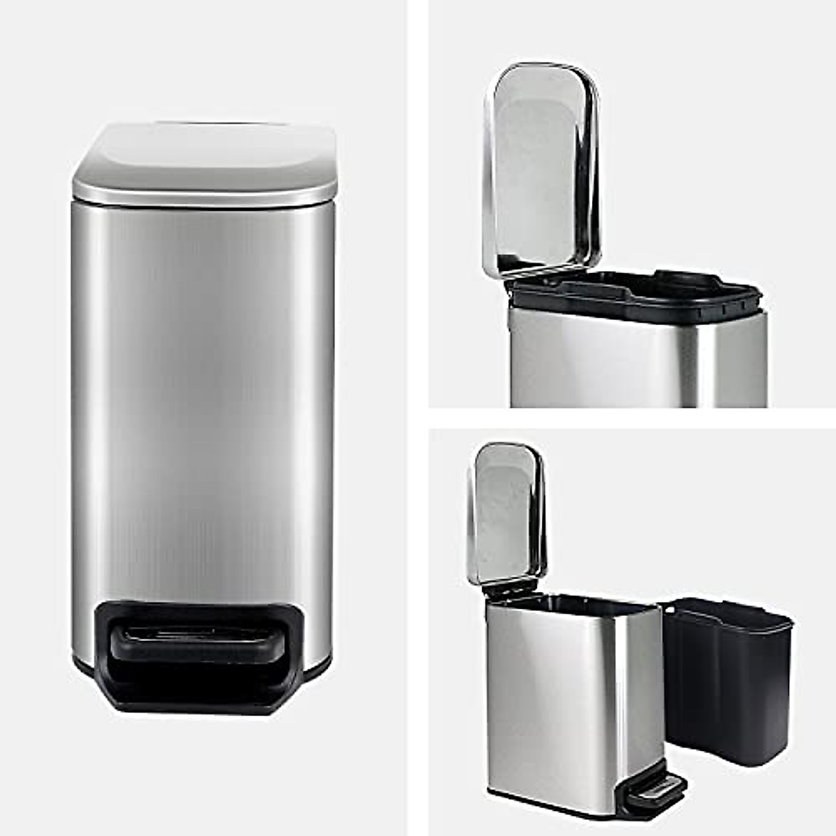 LINAN 6 Litter/1.6 Gallon Small Bathroom Trash Can with Lid Soft Close, Rectangular Garbage can for Office, Living Room, Kitchen and Bathroom, Brushed Stainless Steel