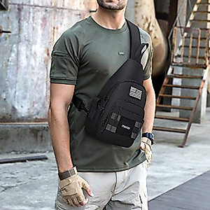 MOSISO Tactical Sling Backpack Bag, Small One Shoulder Rucksack Durable Everyday Carrying Daypack with USA Flag Patch for Man Women Outdoor Sports Hiking Fishing Camping Training, Black