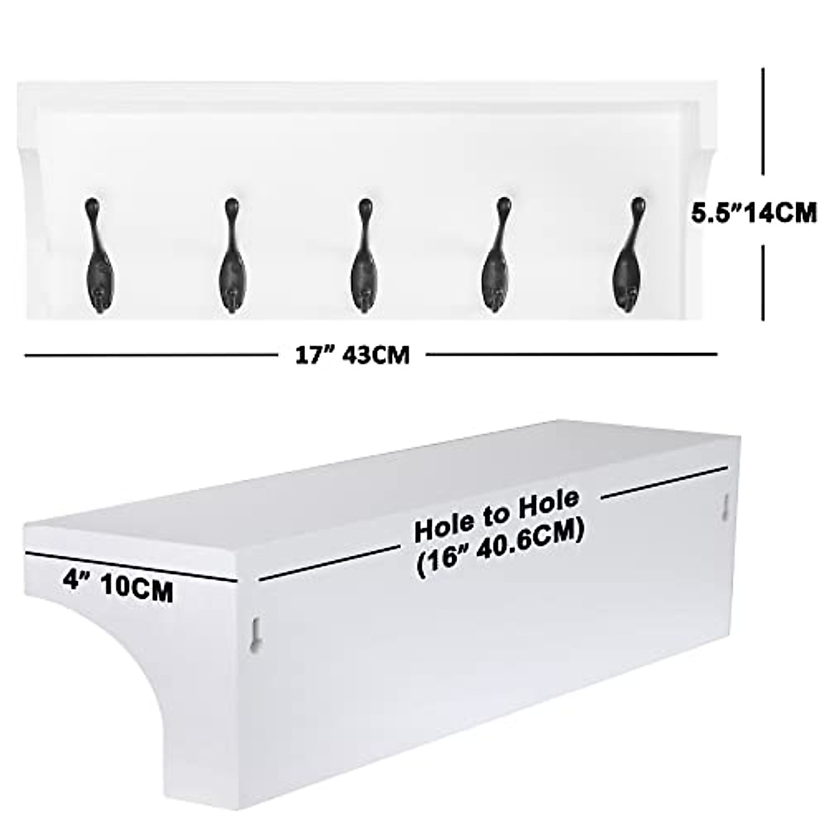 Dseap Wall Shelf with 5 Dual Hooks - 17-inch Heavy Duty Coat Rack Wall Mount with Shelf, Entryway Shelf with Hooks Underneath - Solid Pine Wood - for Entryway, Mudroom, Kitchen, Bathroom, White TEG02B