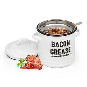 Granrosi Bacon Grease Container with Strainer & Ceramic Butter Dish with Lid for Countertop, Grease Can, Butter Keeper, Premium Breakfast Canister Set for Kitchen in Farmhouse Style in Classic White
