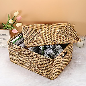 Hipiwe Rattan Basket Box for Shelf Organizing, Natural Storage Wicker Basket Bins with Handles, Large Lidded Basket Rectangular Rattan Box Handwoven Decorative Basket Box,15.1"x11.2"x7.3"