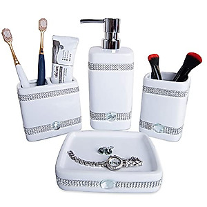 CAA'S Bathroom Accessories Set Ceramic 4 Pieces Bathroom Ensemble for Bath Decor Includes Lotion Dispenser Toothbrush Holder Tumbler Soap Dish (White Inlaid Zircon)
