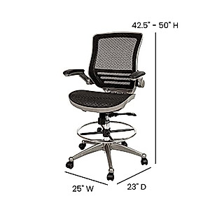EMMA + OLIVER Black Mid-Back Mesh Drafting Chair with Graphite Frame and Flip-Up Arms