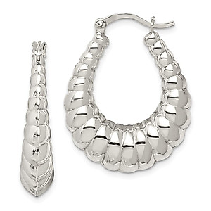 925 Sterling Silver Classic Hoop Puffed Shrimp Earrings - 31mm x 25mm