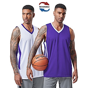 10-Pack Men's Reversible Custom Basketball Jerseys, Plain Mesh Athletic Sleeveless Shirts Blank Team Uniforms Set (Purple/White)
