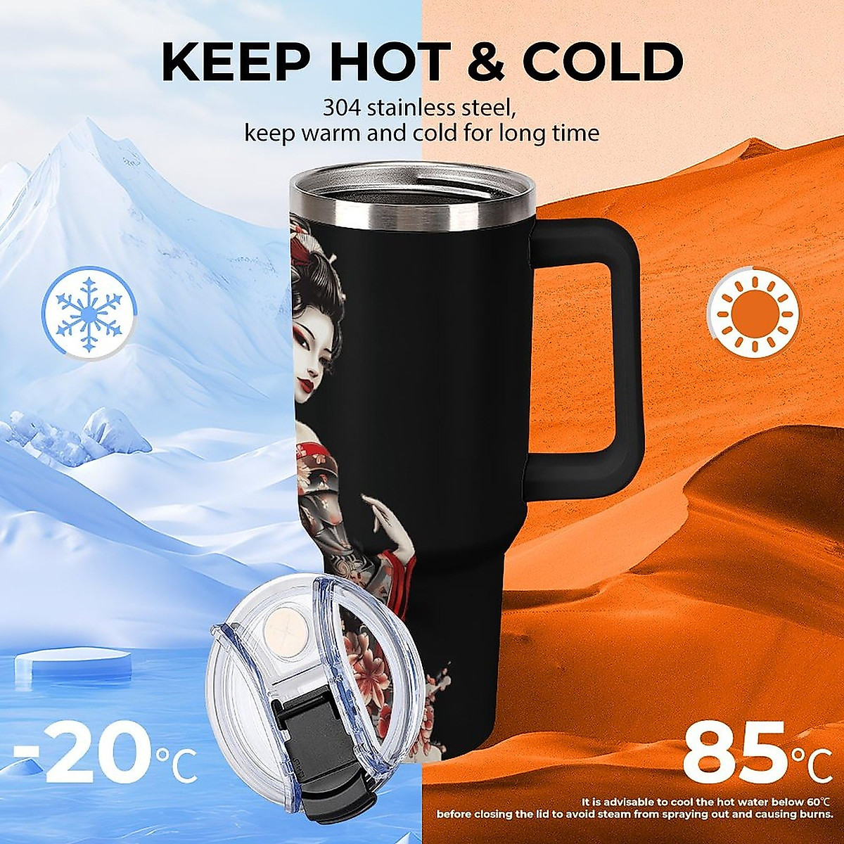 Japanese Geisha Tattoo 40 Oz Tumbler with Handle And Straw Lid Insulated Travel Coffee Mug Large Capacity Car Cup