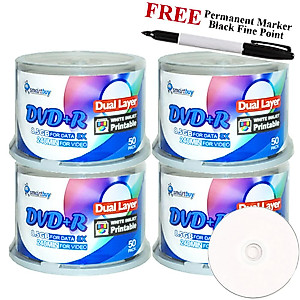 Smartbuy 200-disc 8.5GB/240min 8X DVD+R DL White Inkjet Hub Printable Blank Media Disc + Black Permanent Marker
