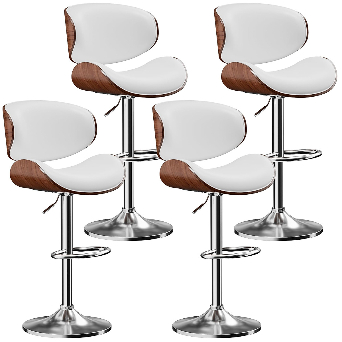 Aowos Bar Stools Set of 4, Adjustable Swivel Leather Bar Stools for Kitchen Island, Mid Century Modern Counter Height Bar Chairs Barstools with Back & Footrest (White)