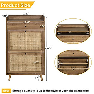Pvillez Natural Rattan Shoe Cabinet with 2 Flip Drawers, Rattan Shoe Storage Cabinet Organizer with Wood Legs, Narrow Free Standing Shoe Rack for Entryway, Bedroom, Living Room, Apartment Walnut