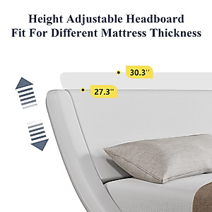 Allewie Queen Size Upholstered Platform Bed Frame with Ergonomic & Adjustable Headboard, Modern Low Profile Sleigh Design - Easy Assembly, No Box Spring Needed, White