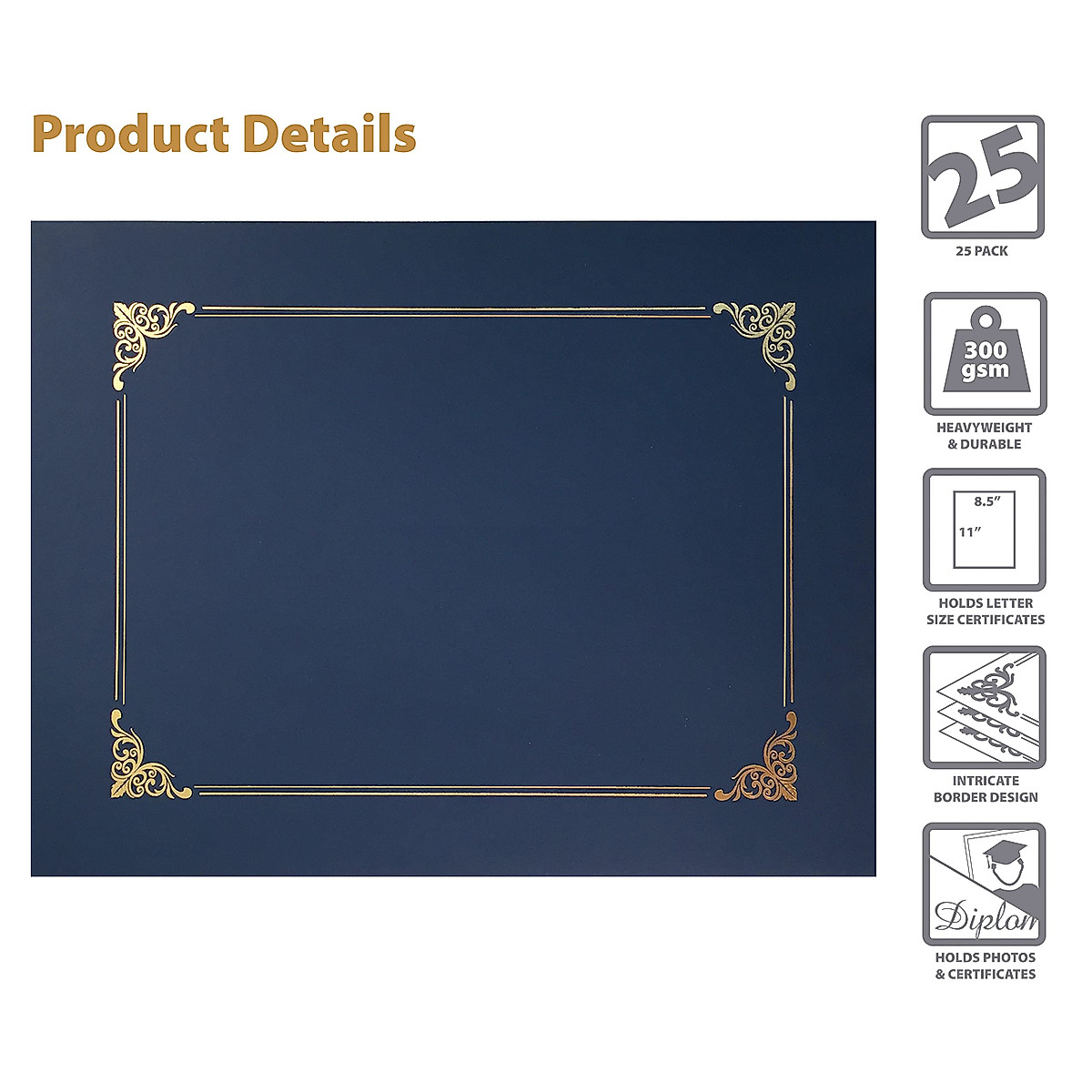 Better Office Products 25 Pack Navy Blue Certificate Holders, Diploma Holders, Document Covers with Gold Foil Border, for Letter Size Paper, 25 Count, Blue