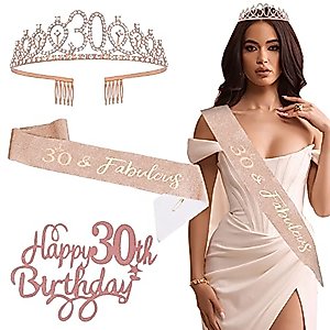 DASIGJID 30th Birthday Crown & Sash for Women, Rose Gold Birthday Sash and Tiara for Women Girls, Princess Queen Crowns Headbands for Hair Accessories Decor, Happy Birthday Party Decorations Gifts
