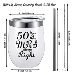 2 Pack 50th Anniversary Couple Cups Present, 50 Years of Being MR/MRS Always Right, Funny Wedding Anniversary Present for Grandparents, 12 oz Wine Tumbler for Celebrating Golden 50th Anniversary