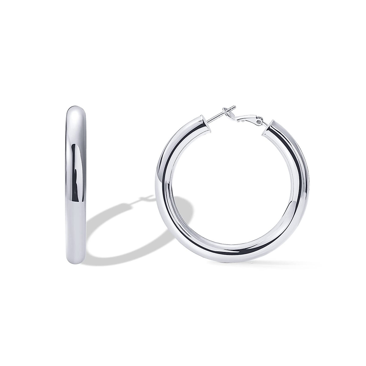 PAVOI 14K Gold Plated Sterling Silver Post Hoops | Lightweight Chunky Hoops Huggies | Thick Gold Hoop Earrings for Women (White Gold,50mm)